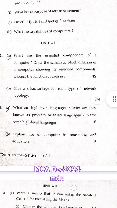#MCA Mdu question paper Dec 2024,#mdu MCA,#computer fundamental and programming in c bridge ...