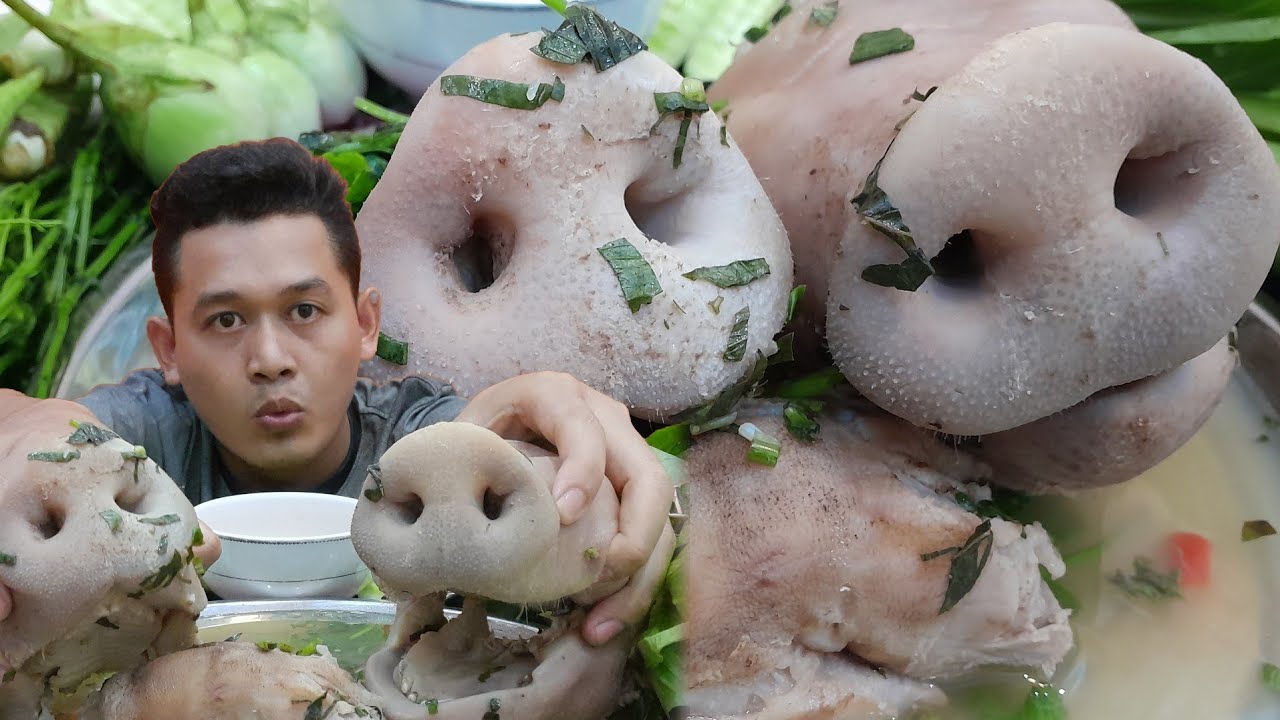Eating pig nose 🐽 with spicy sauce and vegetables | asmr eating no ...