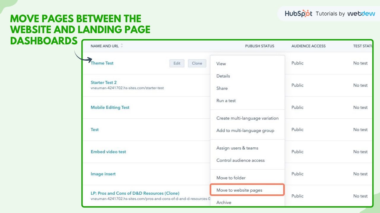 How-to move pages between the website and landing page dashboards in ...