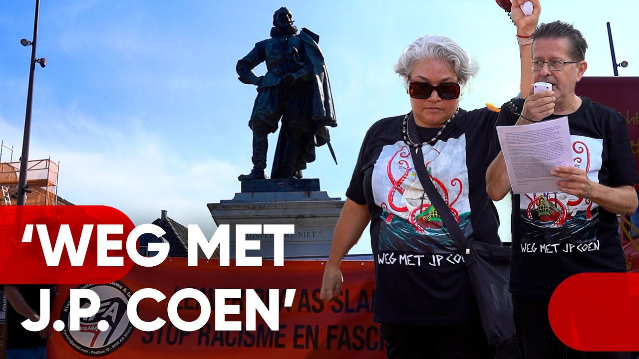 Demonstratie tegen standbeeld in Hoorn: 'Weg met J.P. Coen' - YouTube
