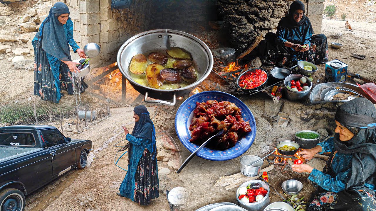 IRAN Village Cooking: Healthy Eggplant tomato with fresh ingredients in ...