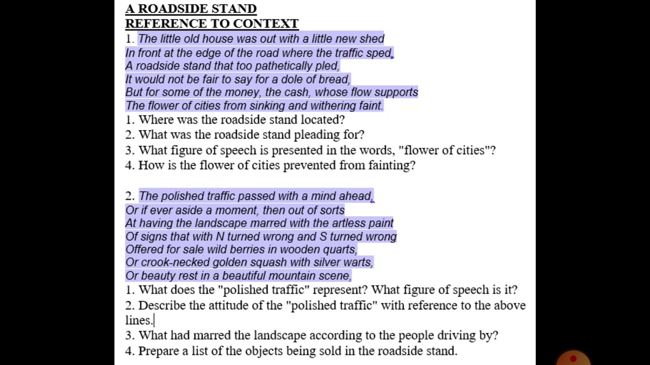 Class 12 English A roadside stand (poem) Ref to contexts - YouTube