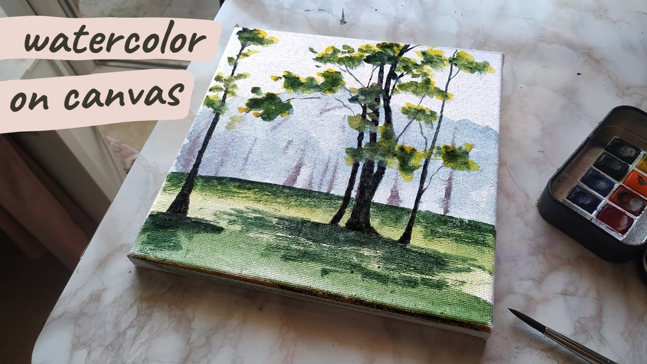 Easy watercolor landscape tutorial for beginners on canvas - YouTube