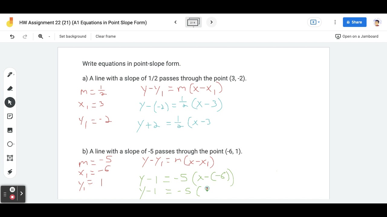 Algebra 1 (Equations in Point Slope Form) - Google Jamboard - YouTube