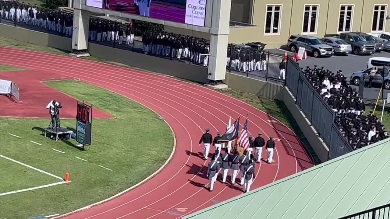 VMI cadets march into the stadium - YouTube