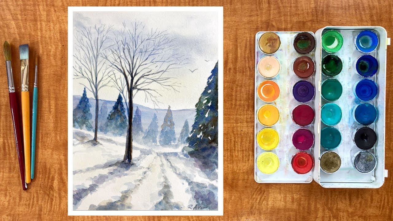 Watercolor Path in Snow | Watercolor Painting Tutorials for Beginners ...