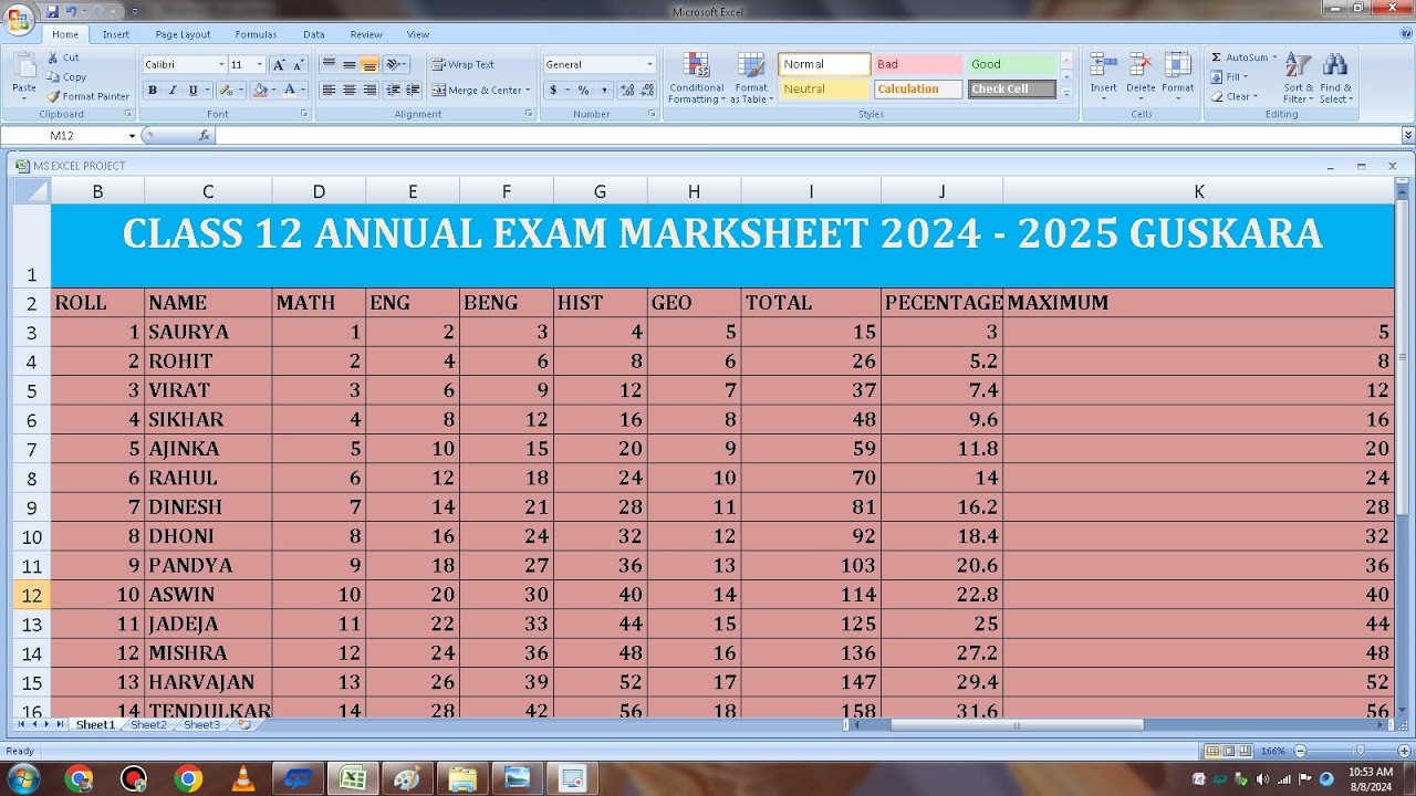 ms excel me marksheet banana | ms excel shortcut tricks to make ...