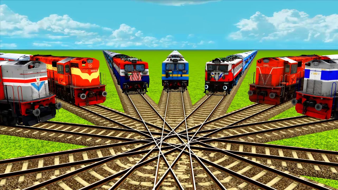 7 Electric & Diesel Trains Crisscrossed Semi Circle On Branched Diamond ...