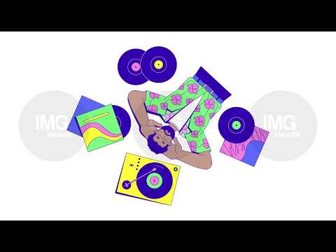 Retro black man listening to vinyl records on turntable cartoon ...