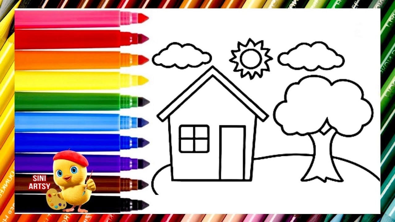HOUSE 🏠, TREE 🌳and SUN 🌞 Drawing for Kids Easy | Learn COLORS - YouTube