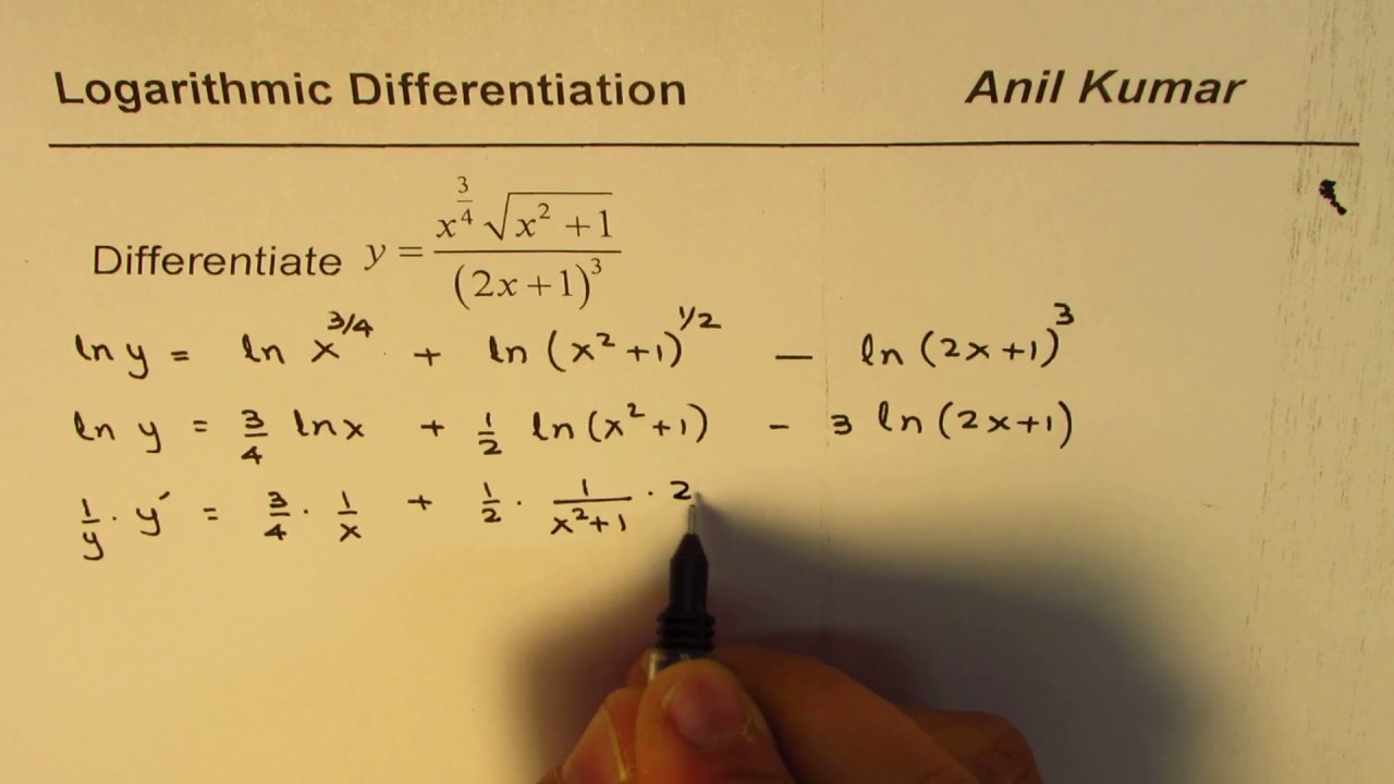 Logarithmic Differentiation X 3 4 sqrt x 2 1 2x 1 3 YouTube