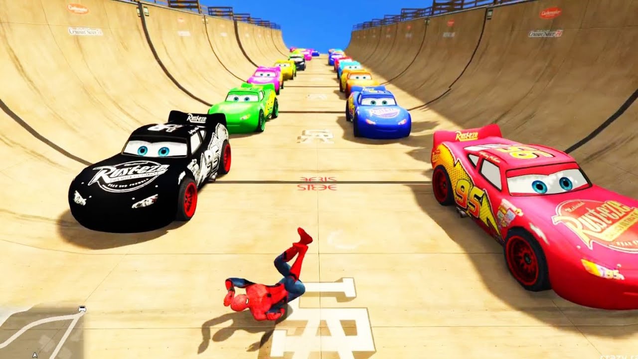 GTA V SPIDERMAN McQueen CARS Vs MACK Truck SEA Rampa Jump - YouTube