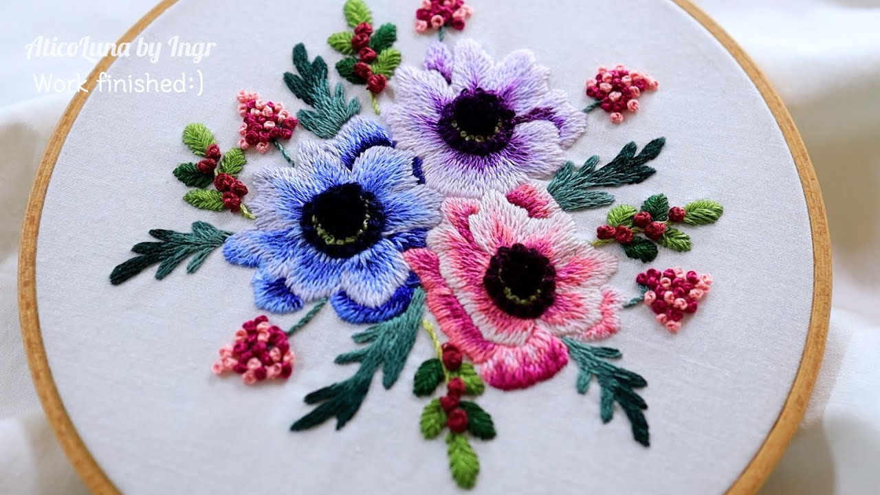 Anemone Flowers Embroidery with Berries🍇 | Long & Short Stitch | Winter ...