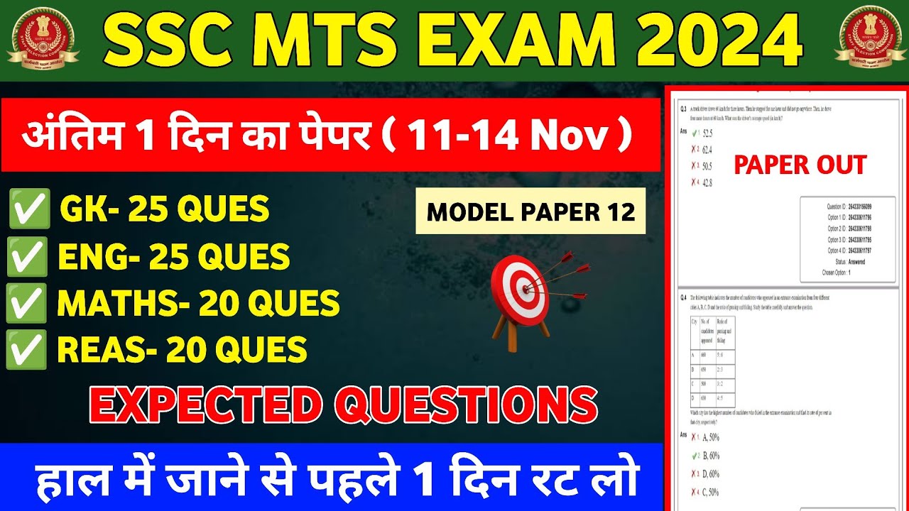 SSC MTS Exam 2024 | Model Paper | SSC MTS Gk English Reasoning Paper ...