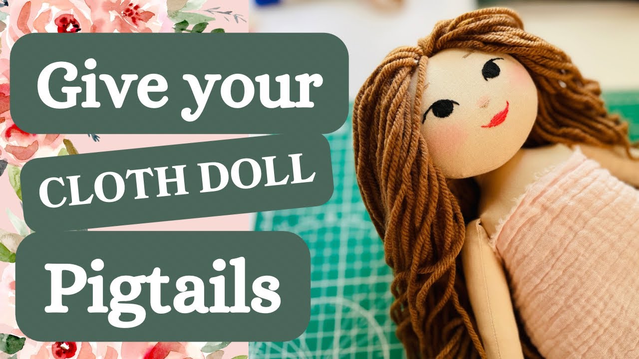 How to attach yarn hair to a cloth doll for a pigtail hairstyle - YouTube