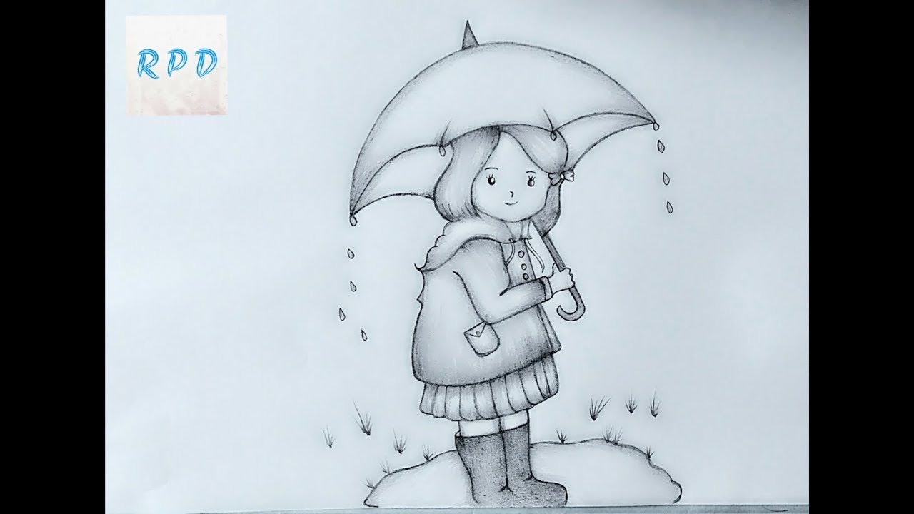 Drawing girl with umbrella raining day easy step by step pencildrawing ...