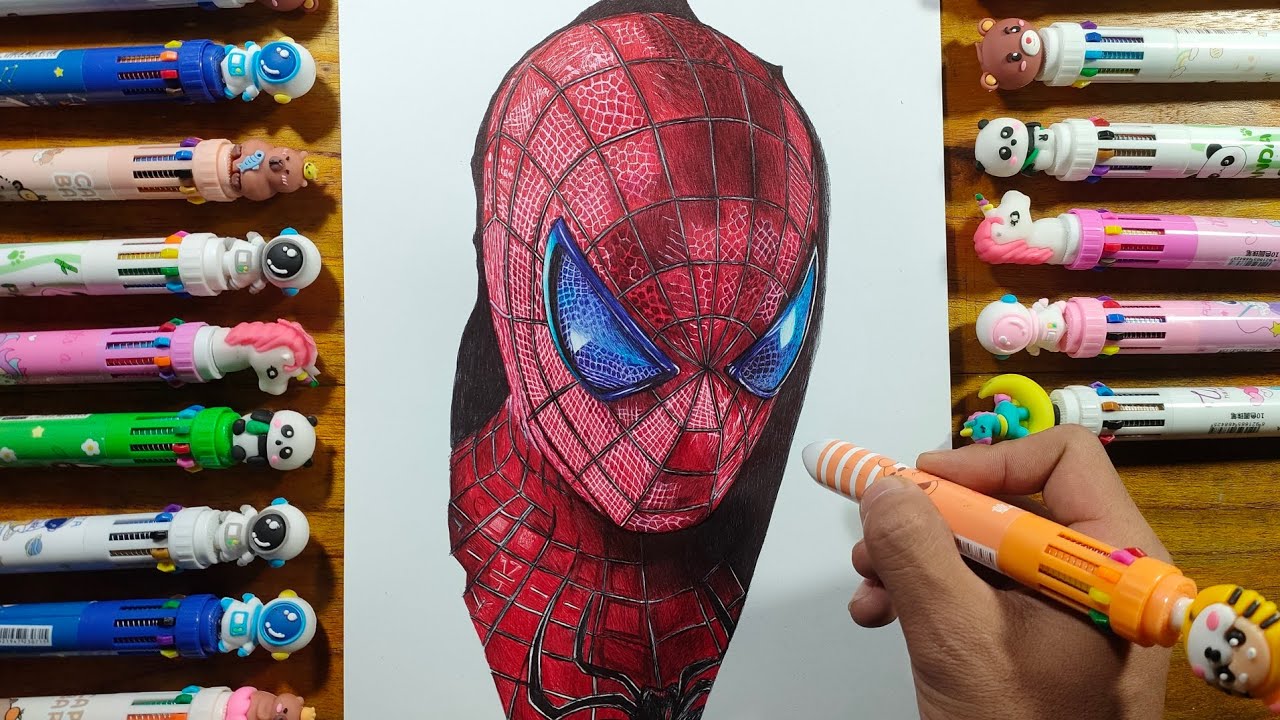 Drawing Spider-Man with colored ballpoint pens - YouTube