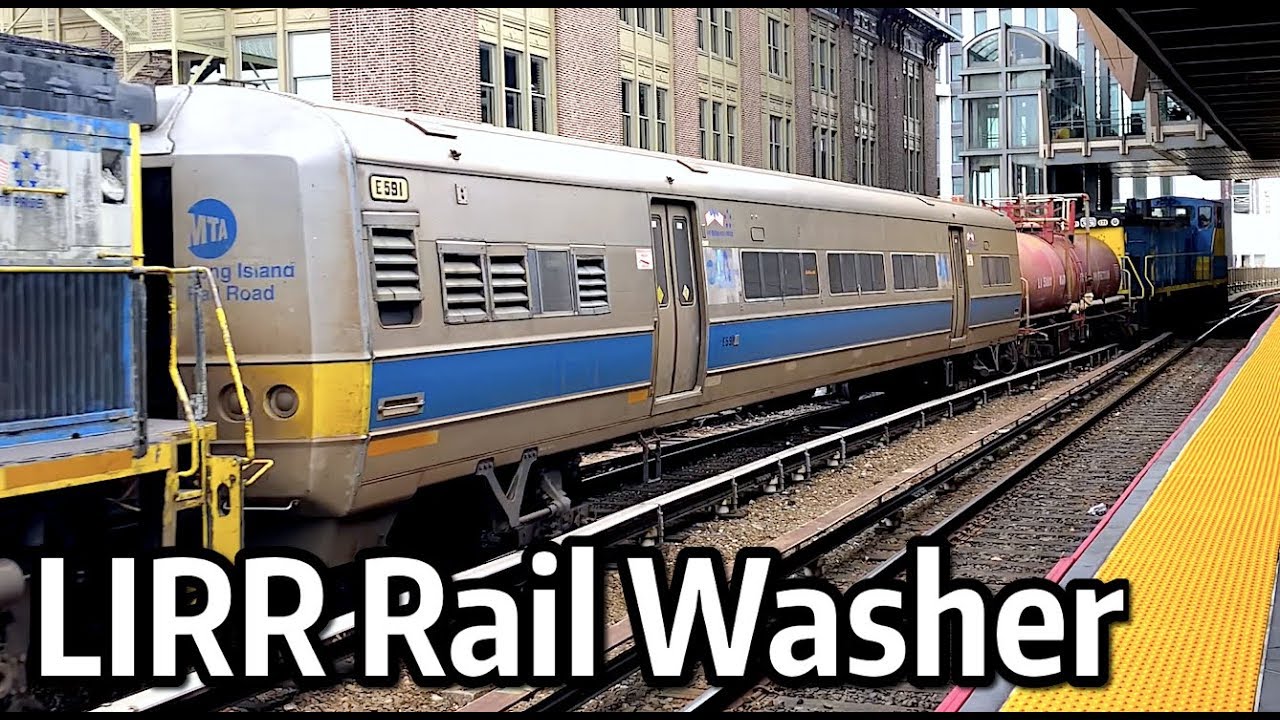 ⁴ᴷ Long Island Railroad M1 E591 Rail Washer at Jamaica - YouTube