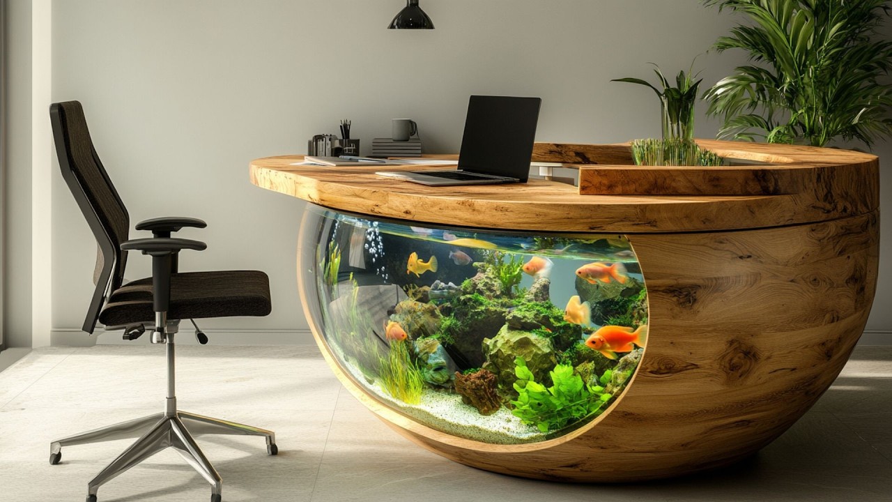 Innovative Wooden Desk with Built-In Fish Tank | Unique Home Office ...