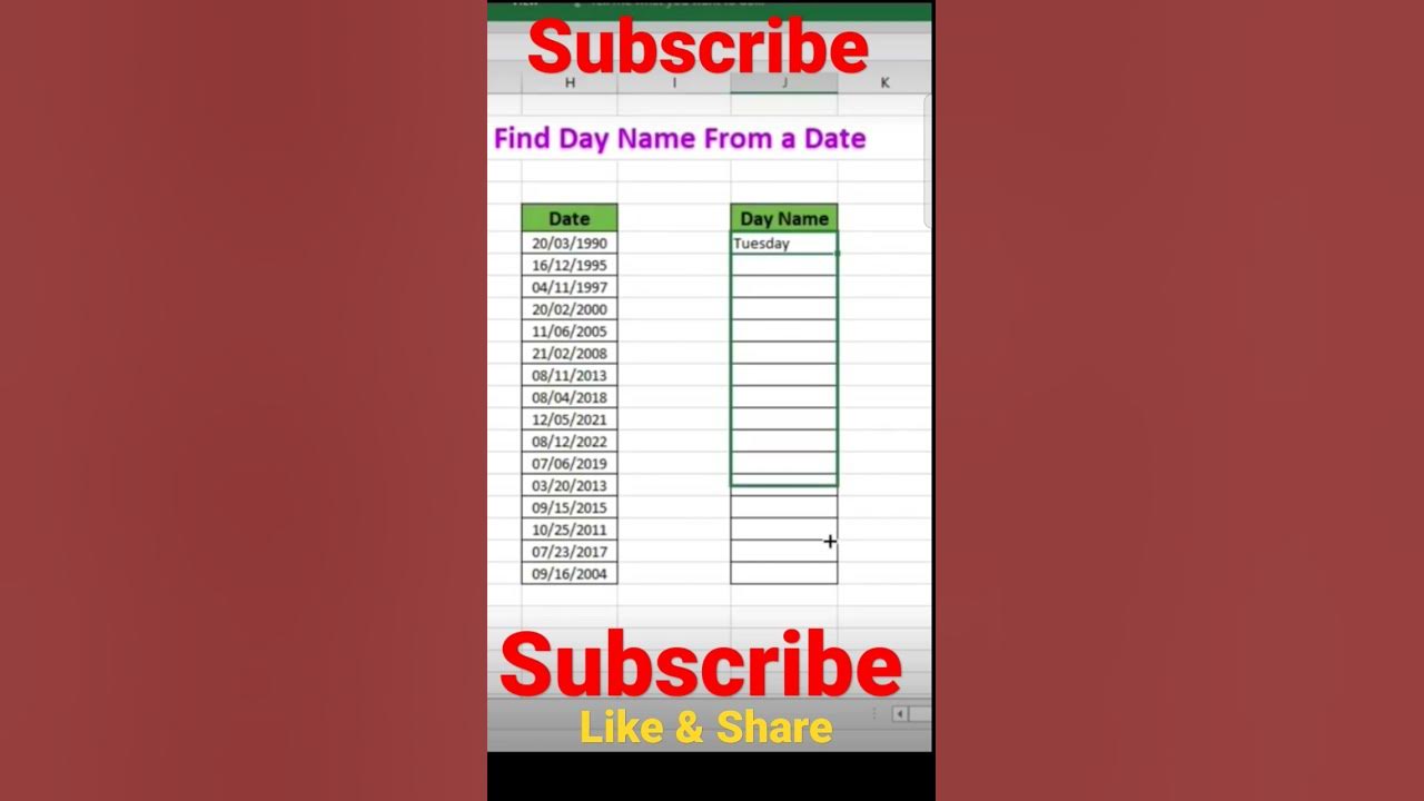 Find Day Name From Date In Excel। Formula To Extract Day Name From Date In Excelexcel Shorts