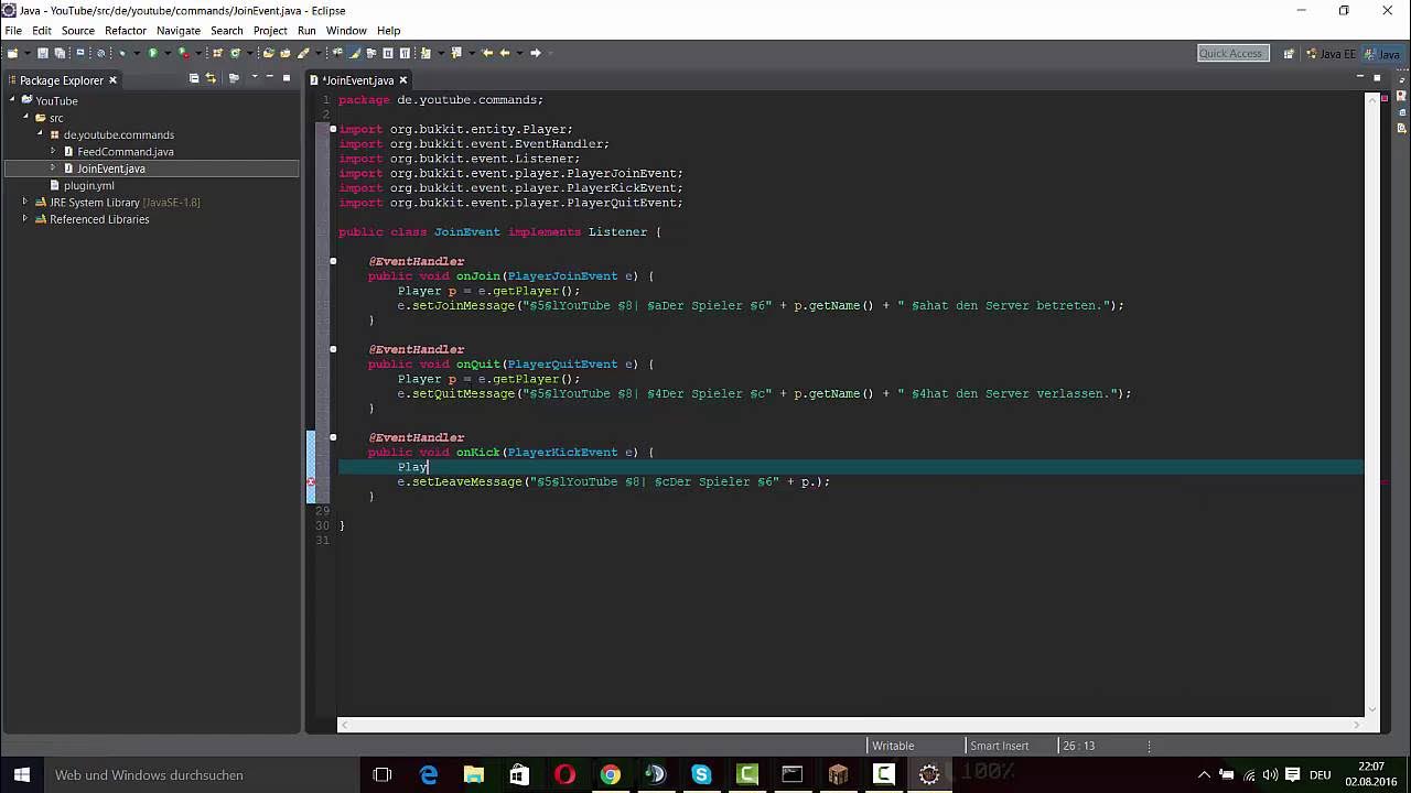 Join-, Quit-, Kick Event | Minecraft Bukkit Plugins Programmieren #2 - YouTube