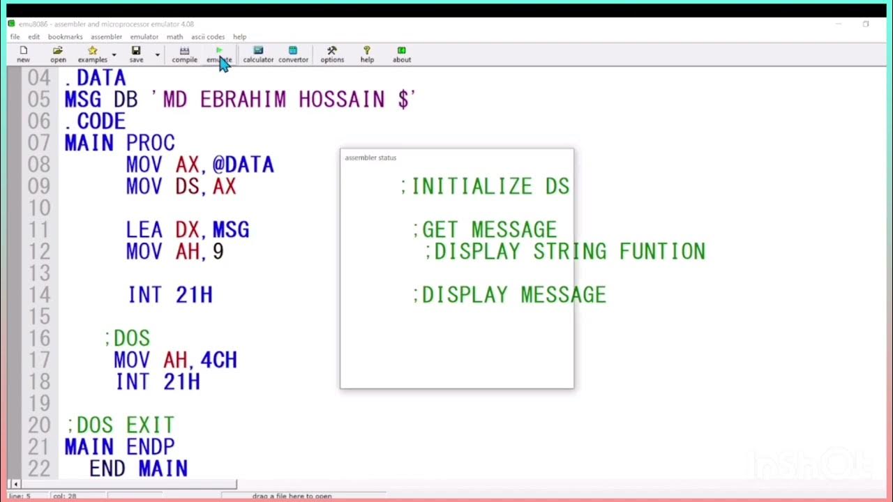 How to Display a string in Microprocessor 8086 - YouTube