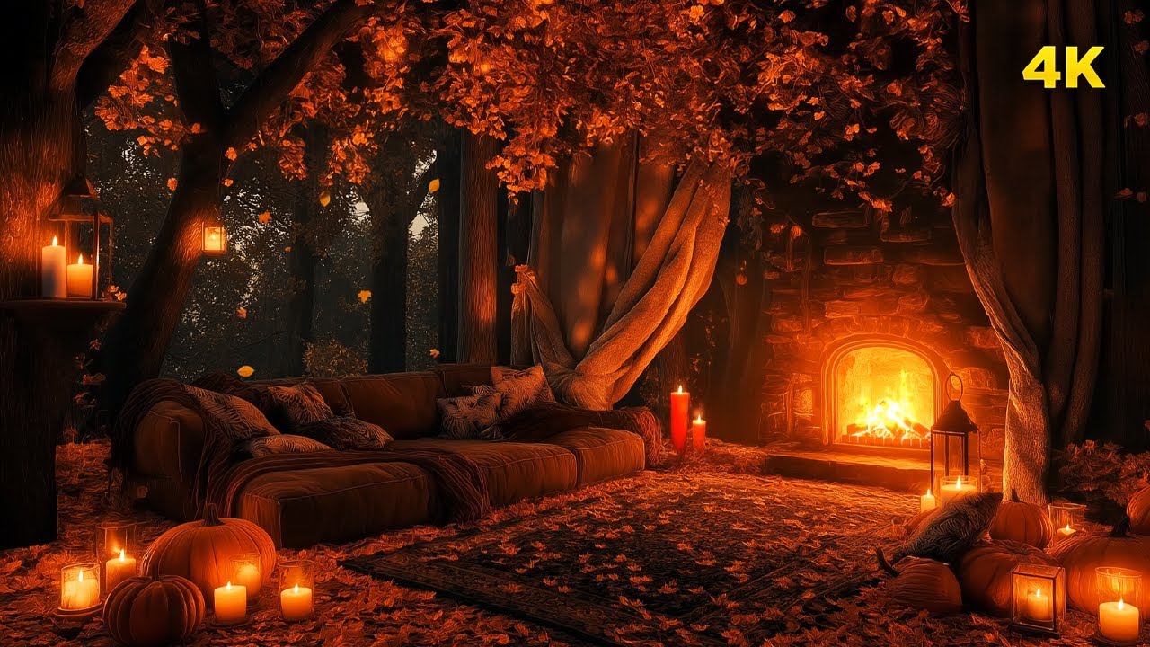 Relaxing Autumn Porch Ambience 🍂 Jazz Piano, Rainfall & Fireplace ...