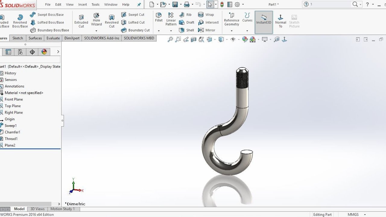 Solid work tutorial: How to making hook very simple design - YouTube