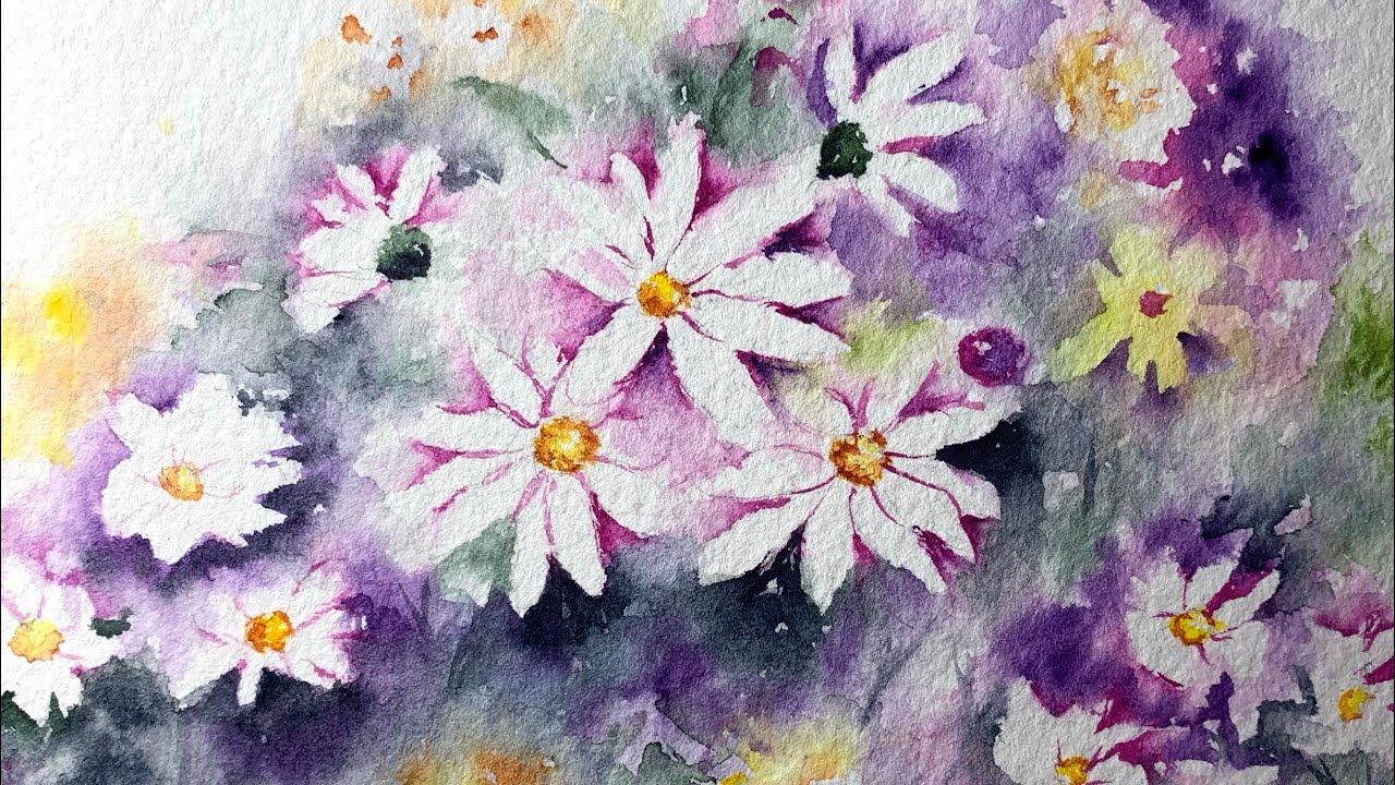 Watercolor asters flower paint along tutorial demo - YouTube