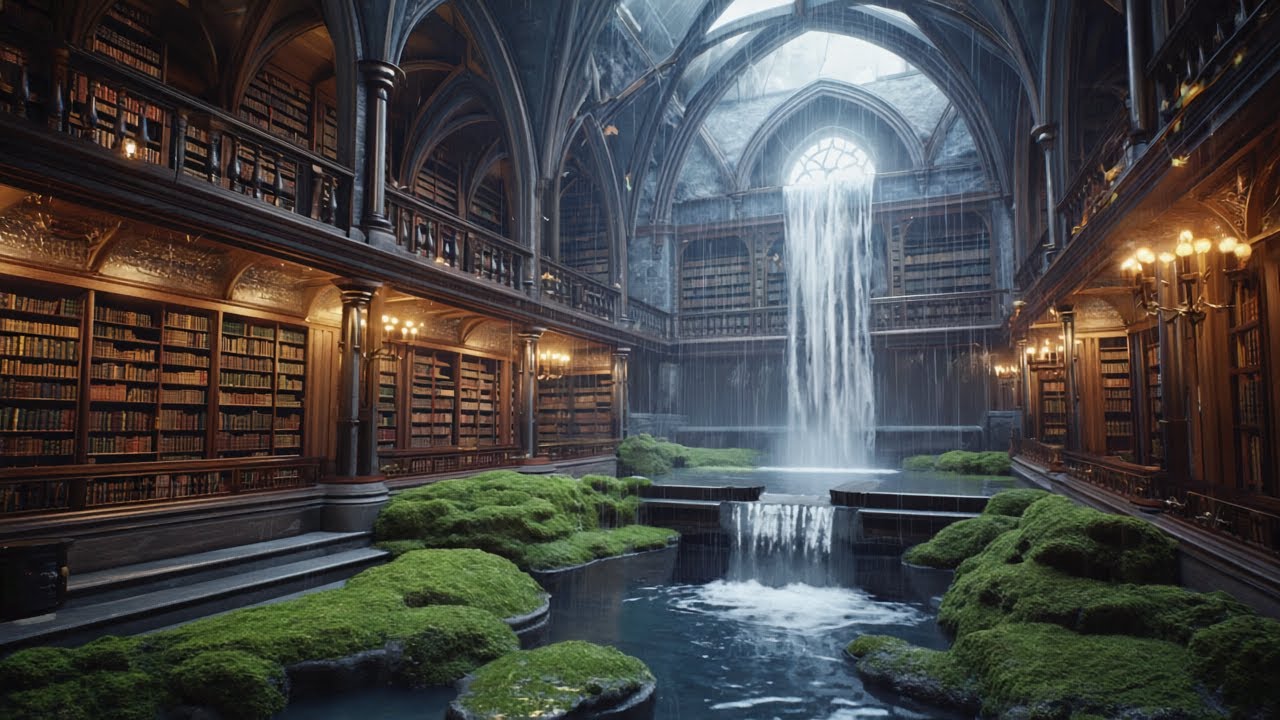 Enchanted Library Ambiance with Waterfall and Babbling Brook - YouTube