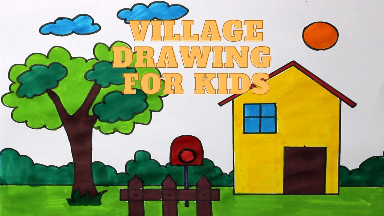 Village drawing for kids step by step | Easy Drawings of Nature ...