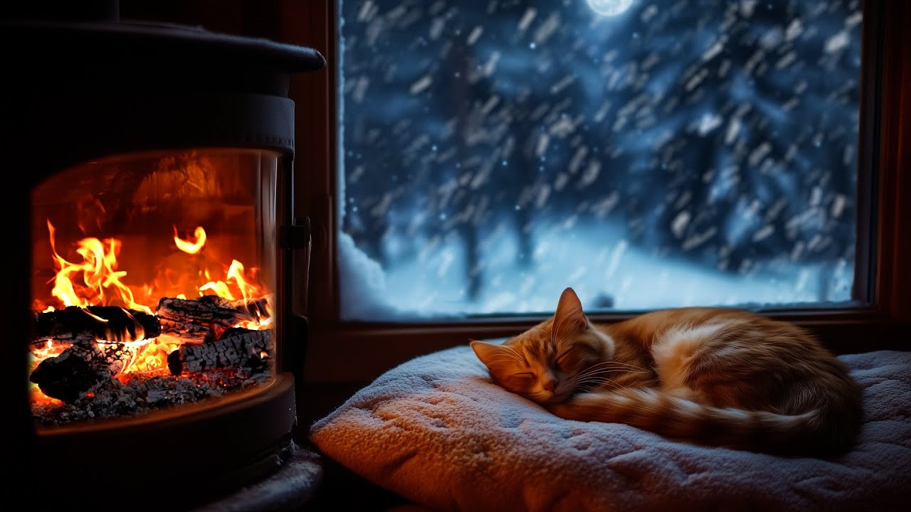 Relax with Purring Cat and Crackling Fireplace 🔥 Sleep in Cozy Winter ...