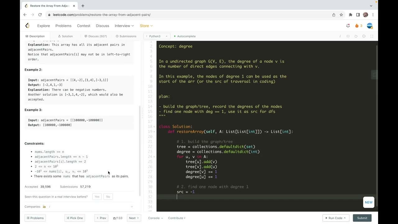 Leetcode 1743 [concept In Graph Theory] Restore The Array From Adjacent