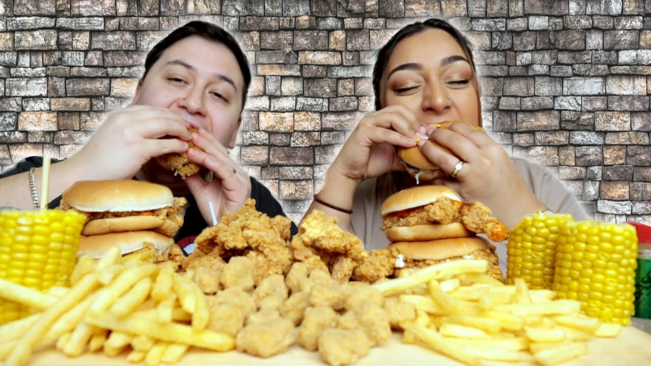 KFC MUKBANG | DOUBLE HOT&CRISPY BURGER | CHICKEN STRIPS | CORN ON THE ...