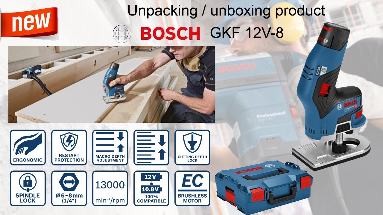Unpacking / unboxing palm routers Bosch GKF 12V-8 in new L-boxx ...