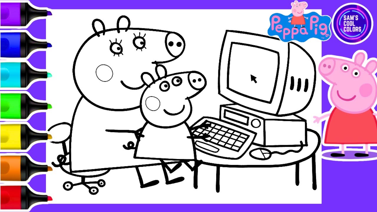 Coloring Peppa Pig & Mummy Pig Learning On The Computer | Peppa Pig ...