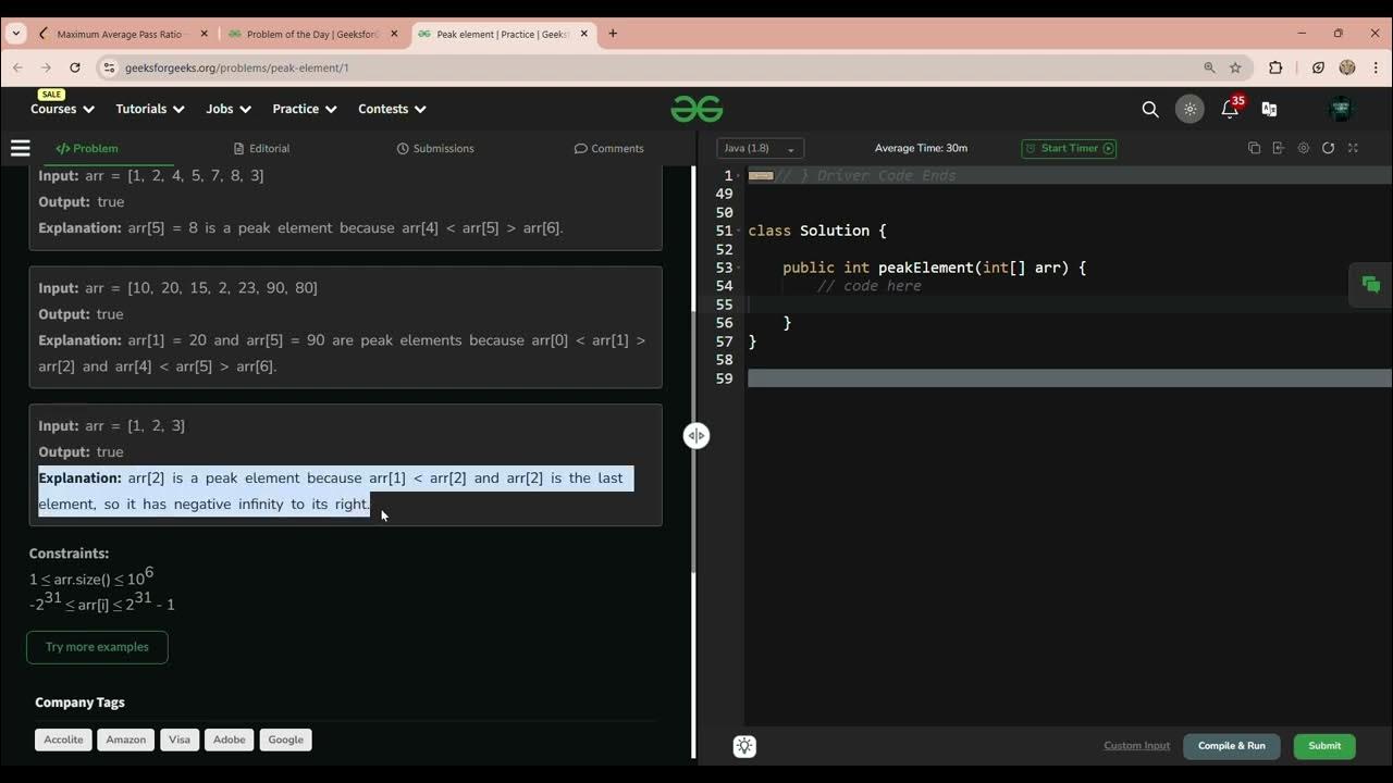 Peak element ,GFG Problem Solving - YouTube