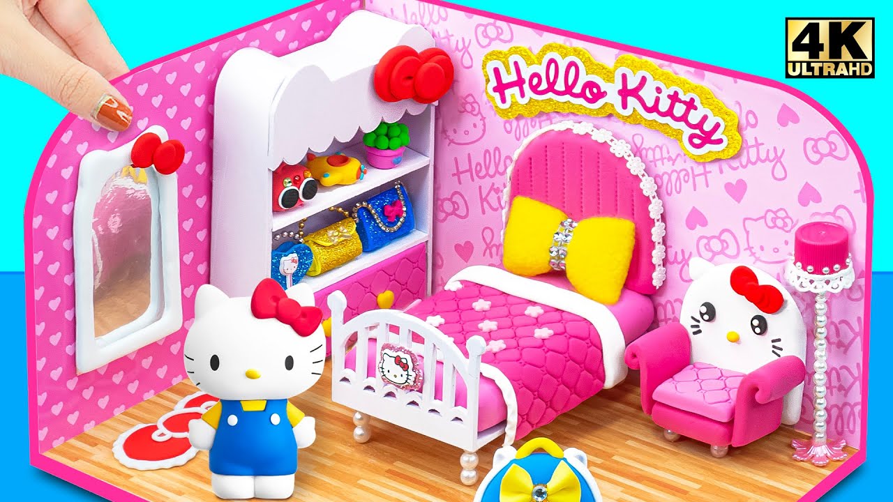 DIY Miniature - Mini Hello Kitty House Polymer Clay Furniture with Pink ...