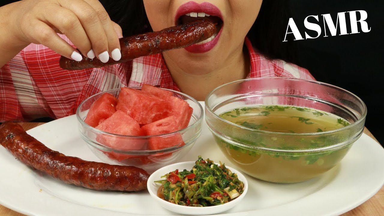 HMONG SAUSAGES WITH SPICY PEPPER DIP, RICE & WATERMELON ~ ASMR (No ...