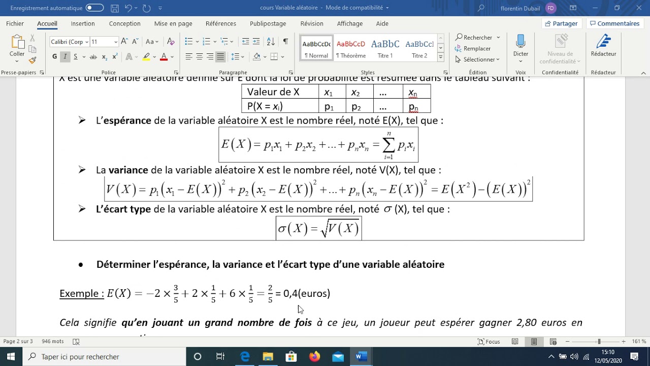 espérance, variance et écart type - YouTube