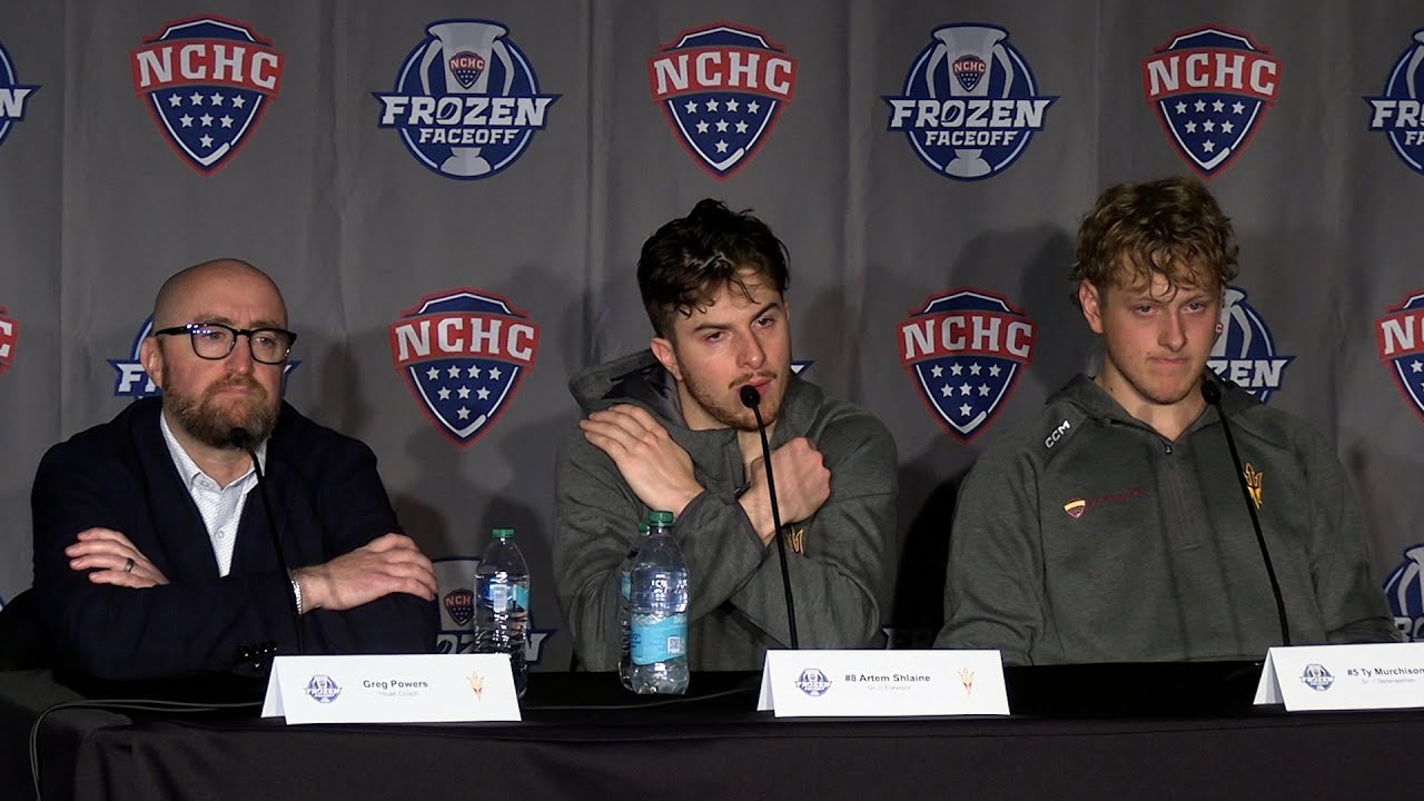 Greg Powers, Artem Shlaine & Ty Murchison after ASU's 4-2 NCHC ...
