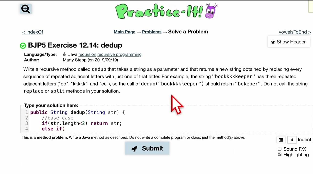 Java Practice It | Exercise:12.14: dedup | recursion recursive programming - YouTube
