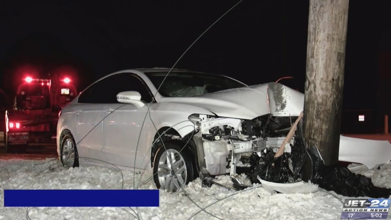 One hospitalized after car crashes into pole - YouTube