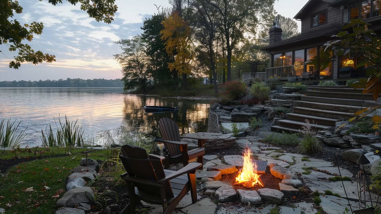 Cozy Lake Porch: Warm Fire Pit, Singing Birds and Calm Lake Waves for ...