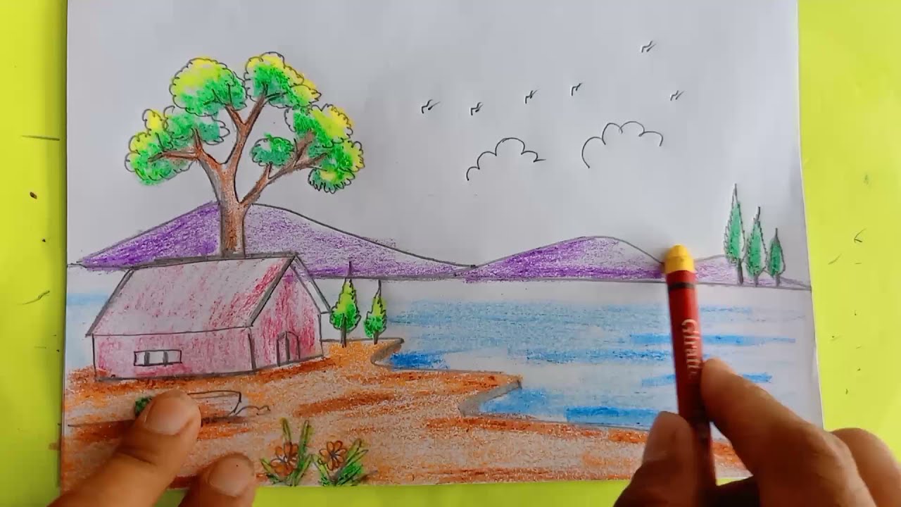រៀនគូរទេសភាពស្រុកស្រែងាយៗ/How to draw scenery of country side very easy ...