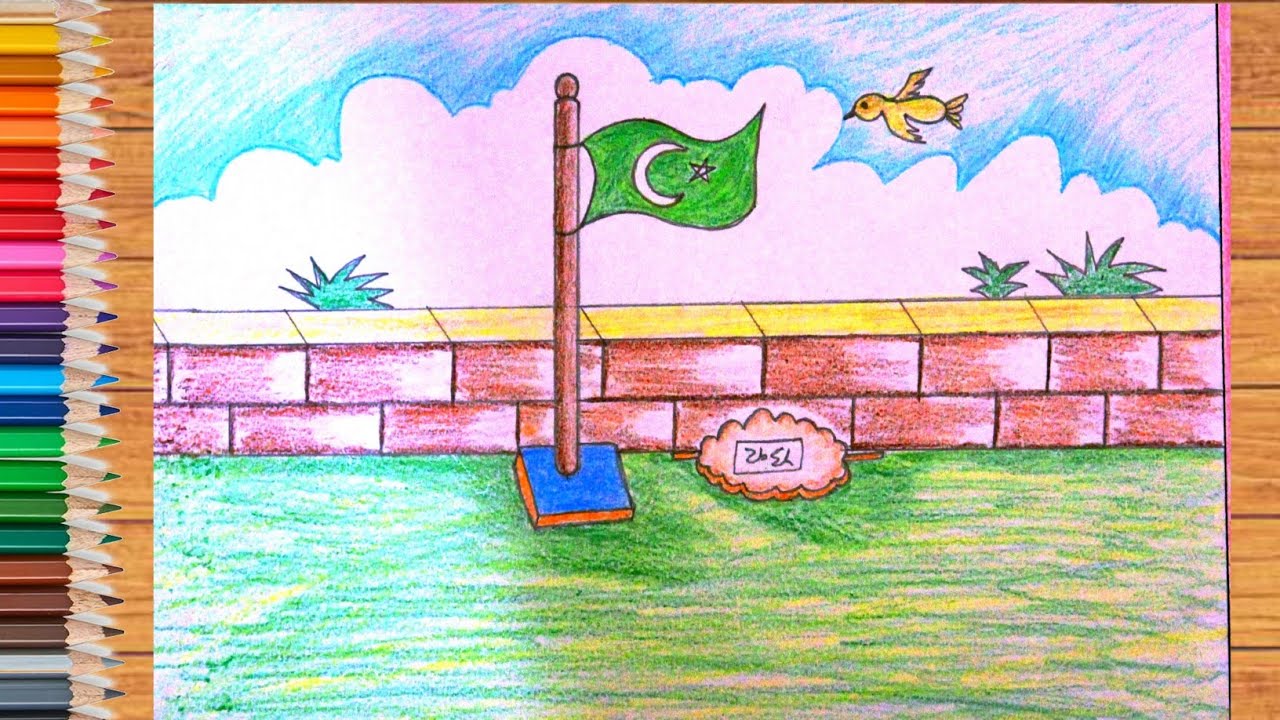 Pakistani flag with scenery drawing and panting| Pakistani flag drawing ...
