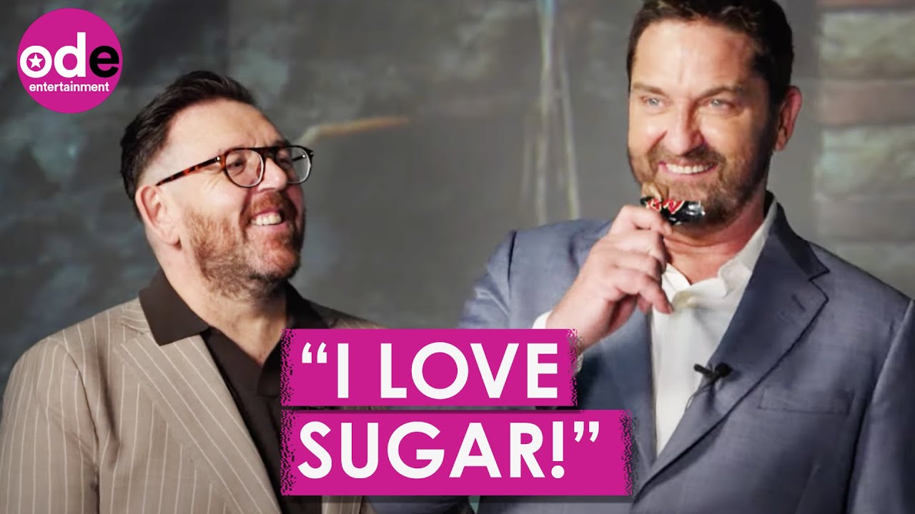 Gerard Butler & Nick Frost Get Very Excited Over A Chocolate Bar - YouTube