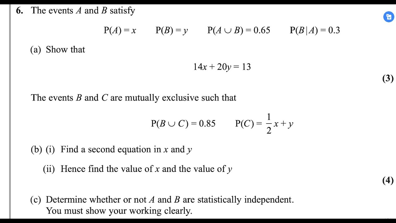 Statistics S1 January 2024 Pearson Edexcel Question 6 IAL WST 01/01 ...