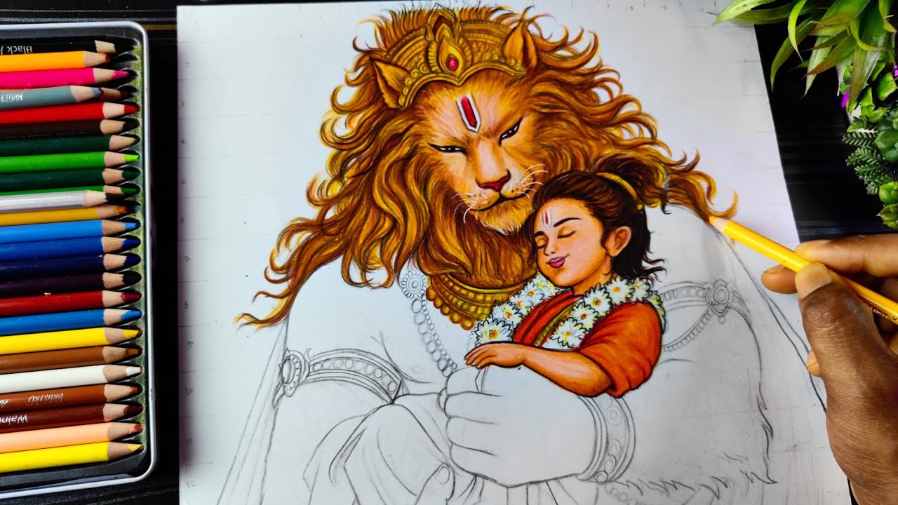 Mahavatar Narasimha With Prahlad Drawing Colour, Narsimha & Prahlad ...