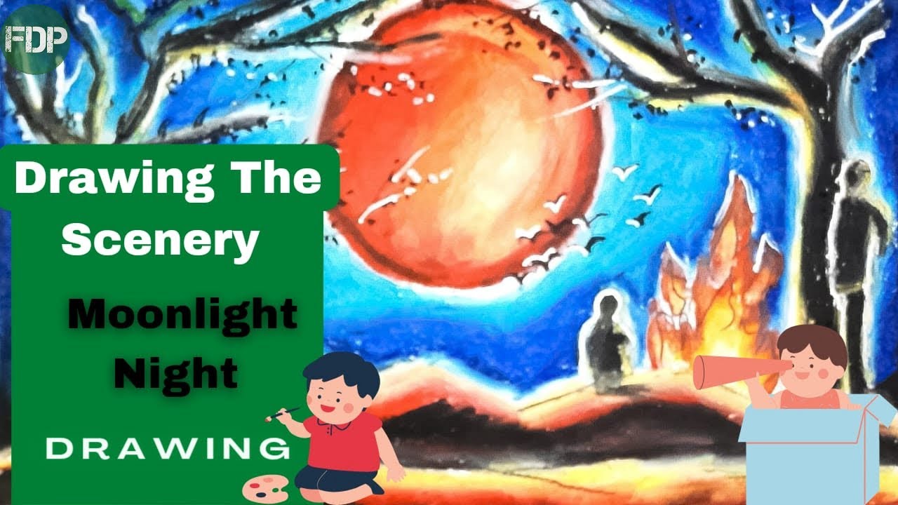 How to Draw Red Moonlight Night Nature Scenery Easy Drawing - YouTube
